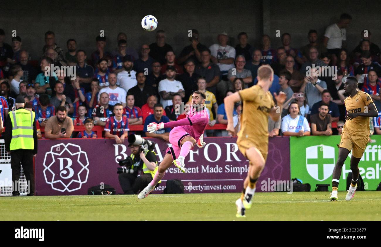 Crawley UK 25th July 2025 - Harvey Davies of Crawley clears upfield ...
