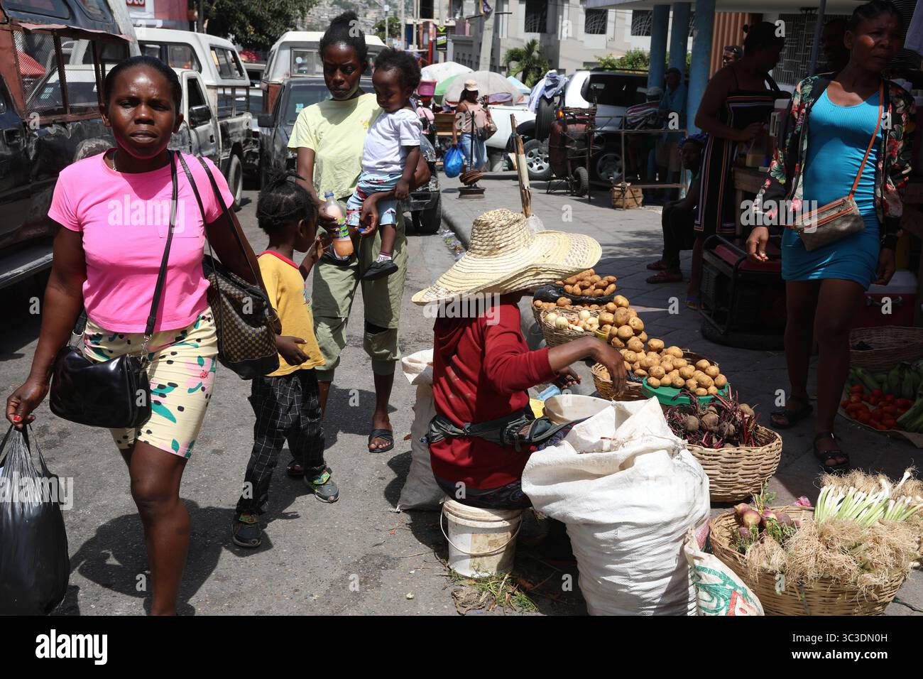 A vendor sells vegetables on a street in the Pétion-Ville neighborhood ...