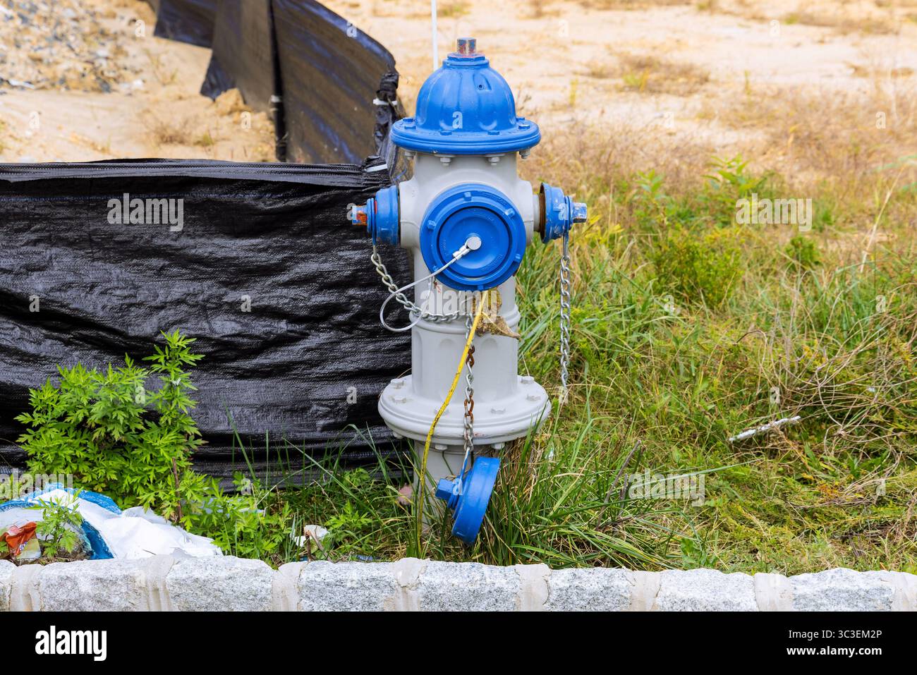 Blue, gray hydrant stands in construction zone, surrounded by grass ...