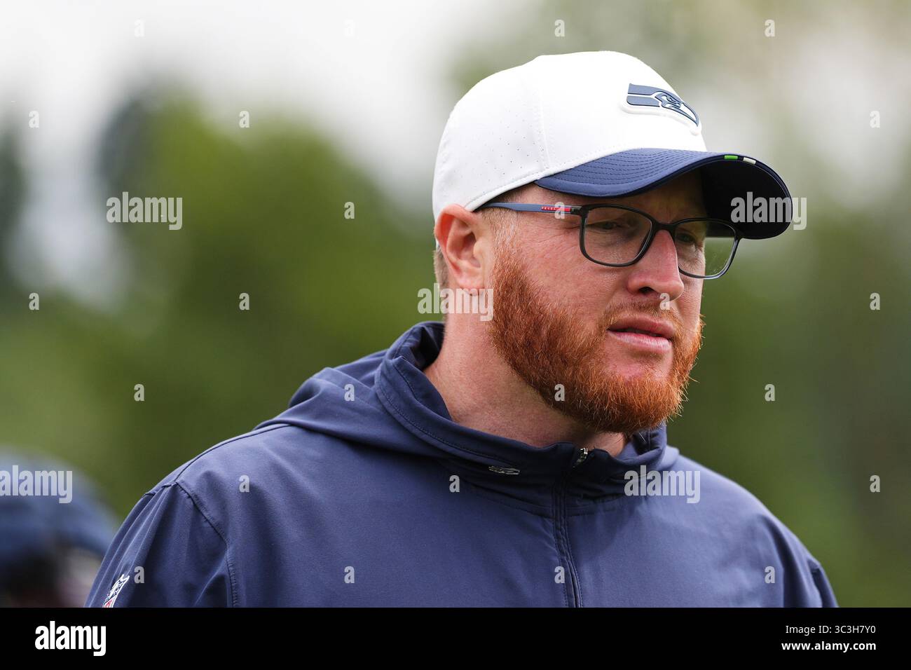 Seattle Seahawks special teams coordinator Jay Harbaugh looks on during ...