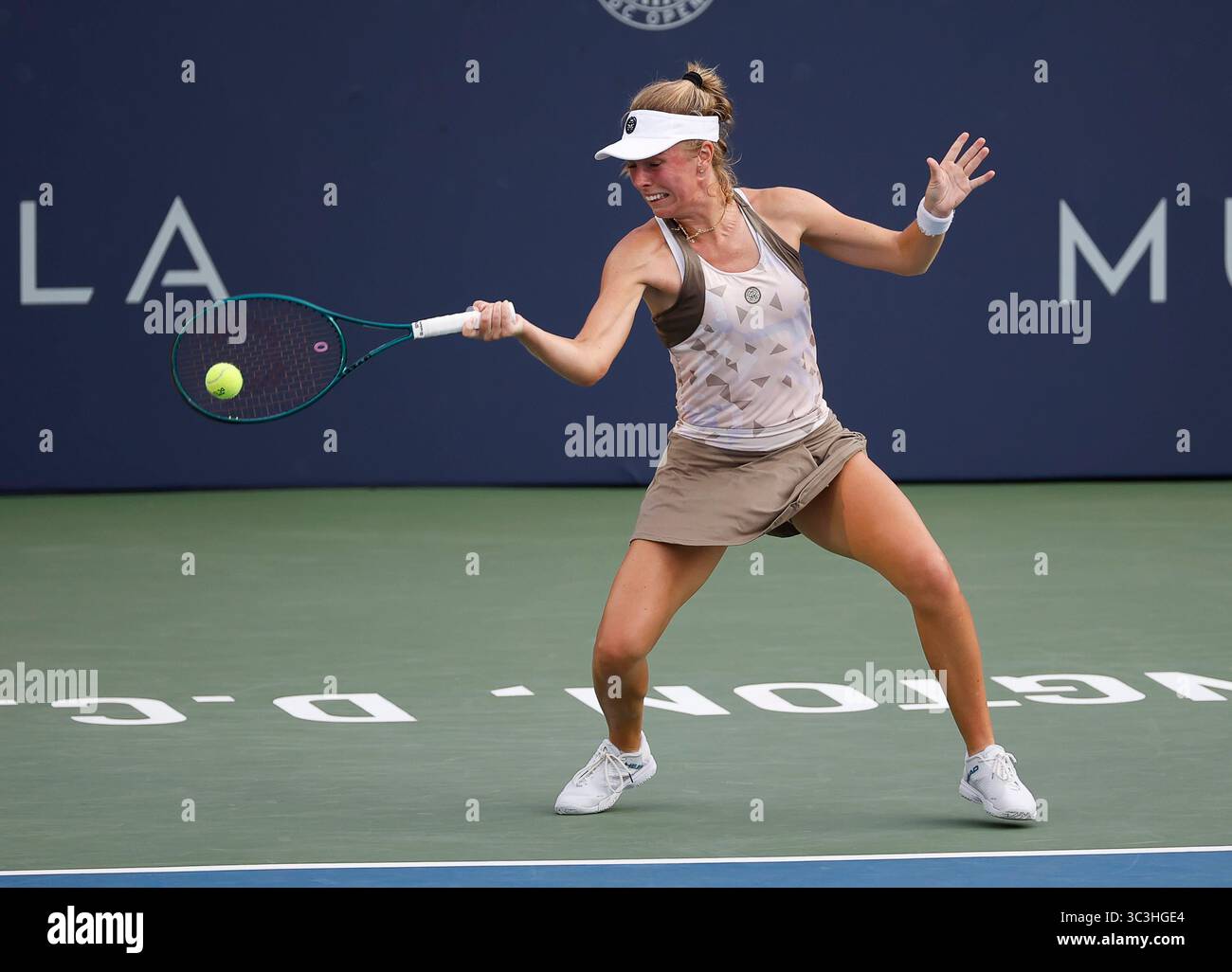 July 25, 2025: Magdalena Frech hits a shot in her match against Elena ...