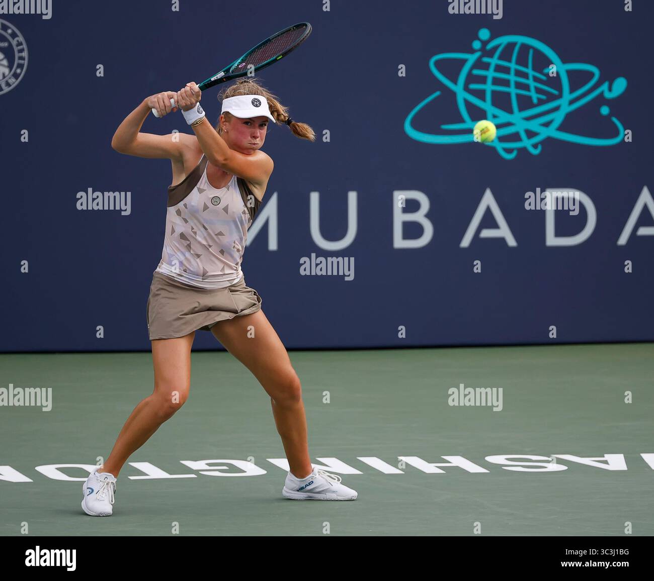 July 25, 2025: Magdalena Frech hits a shot in her match against Elena ...