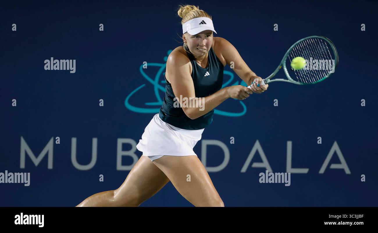 July 25, 2025: Clara Tauson hits a shot in her match against Anna ...