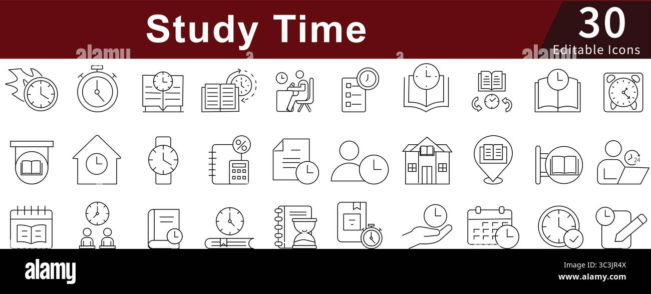 Study Time Editable Line Icons Set for Education, Learning, Academic ...