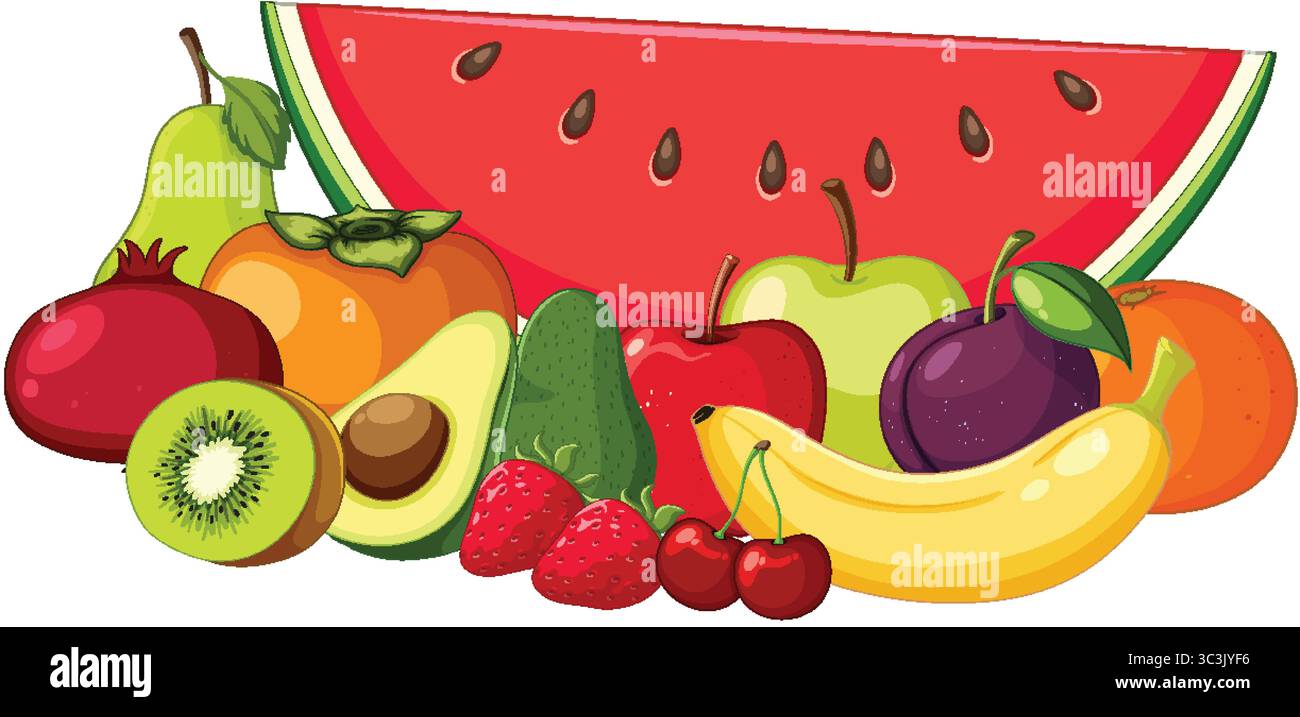 Vibrant vector illustration of various fresh fruits arranged together ...