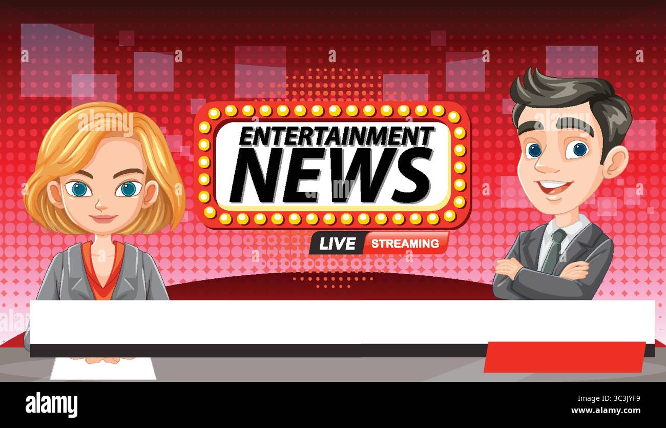 Vector illustration of animated news anchors in a vibrant studio ...