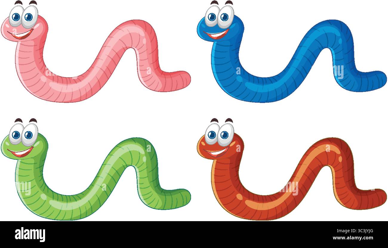 Vector illustration of four vibrant cartoon worms with cheerful ...
