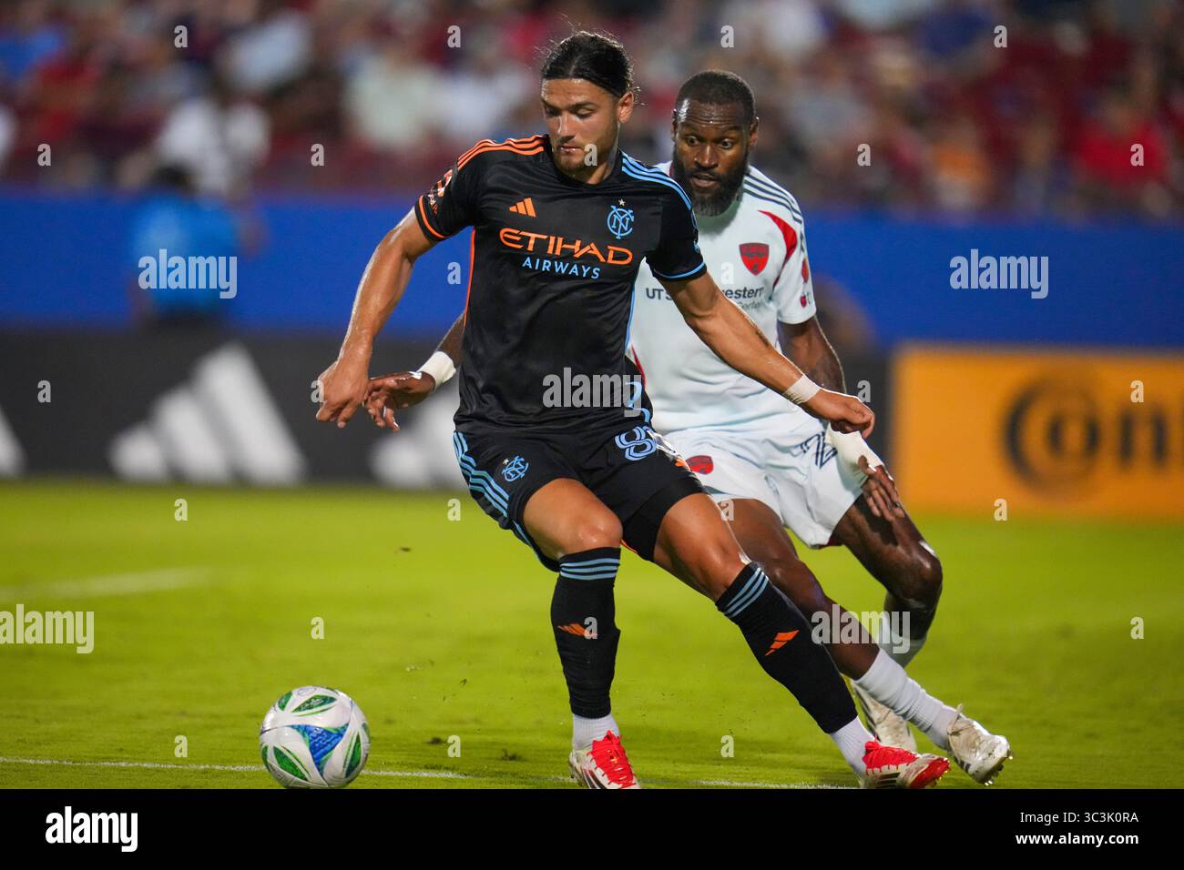 New York City FC midfielder Justin Haak, front, controls the ball ...