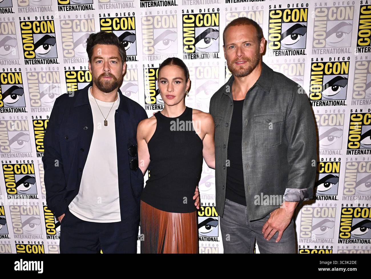 Richard Rankin, Sophie Skelton and Sam Heughan arriving to Starz ...