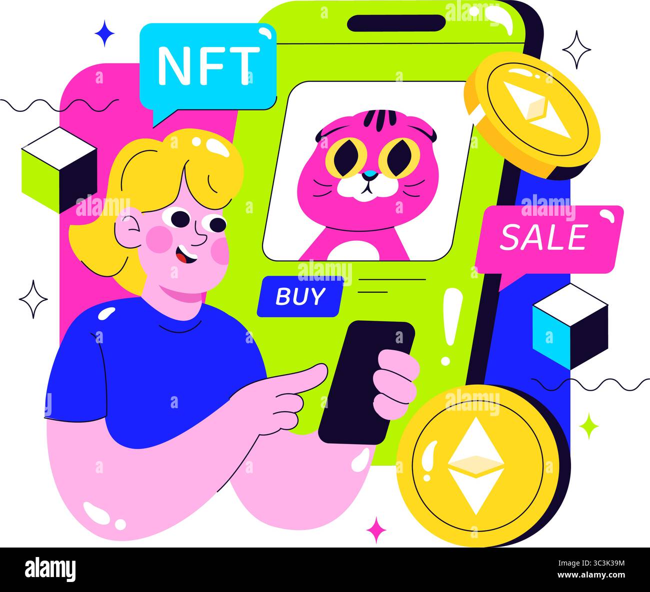 NFT Non Fungible Token Vector Illustration Featuring Crypto Art Being ...