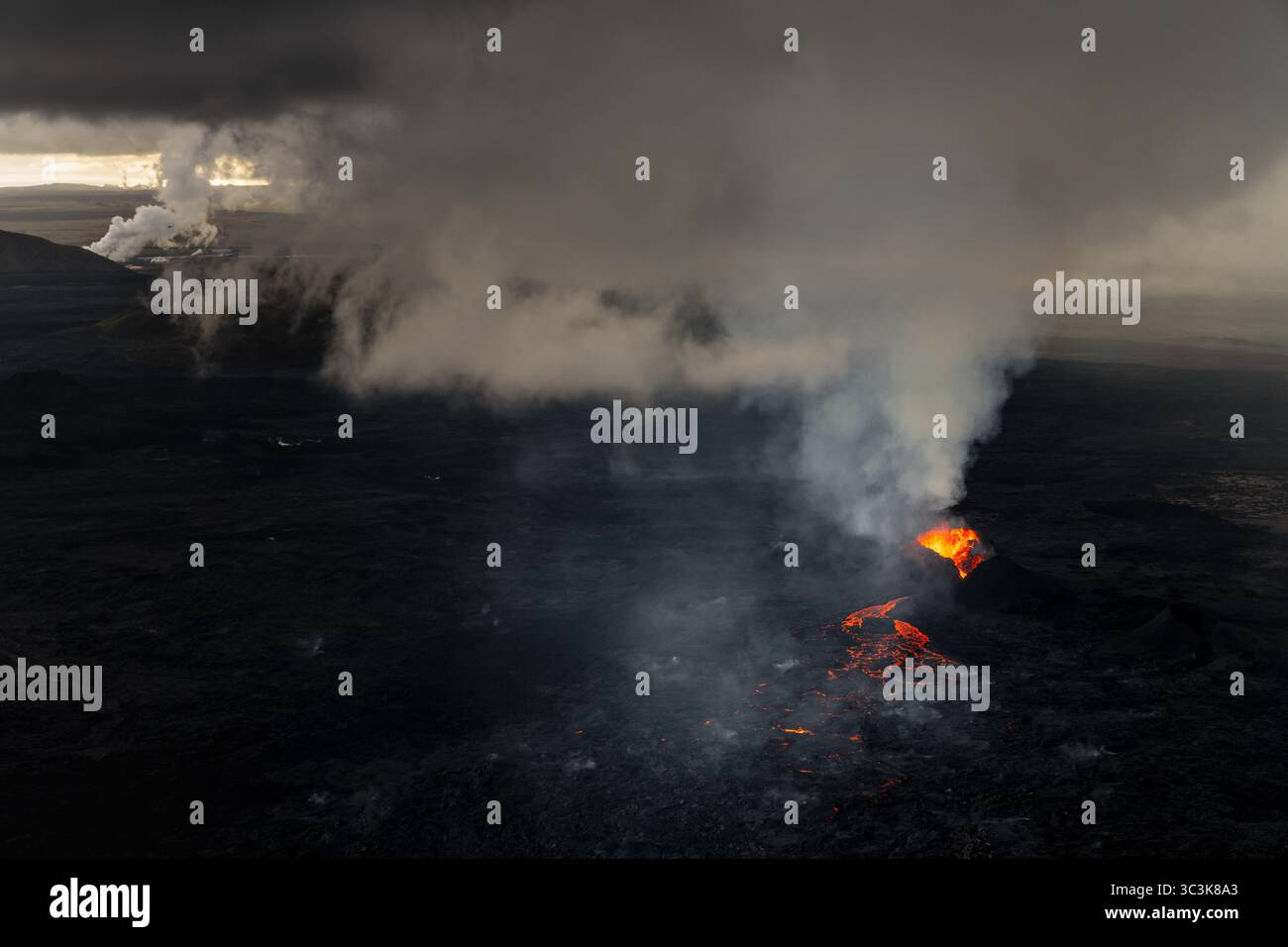 aerial view of the July 2025 eruption of the Sundhnukur Crater on the ...