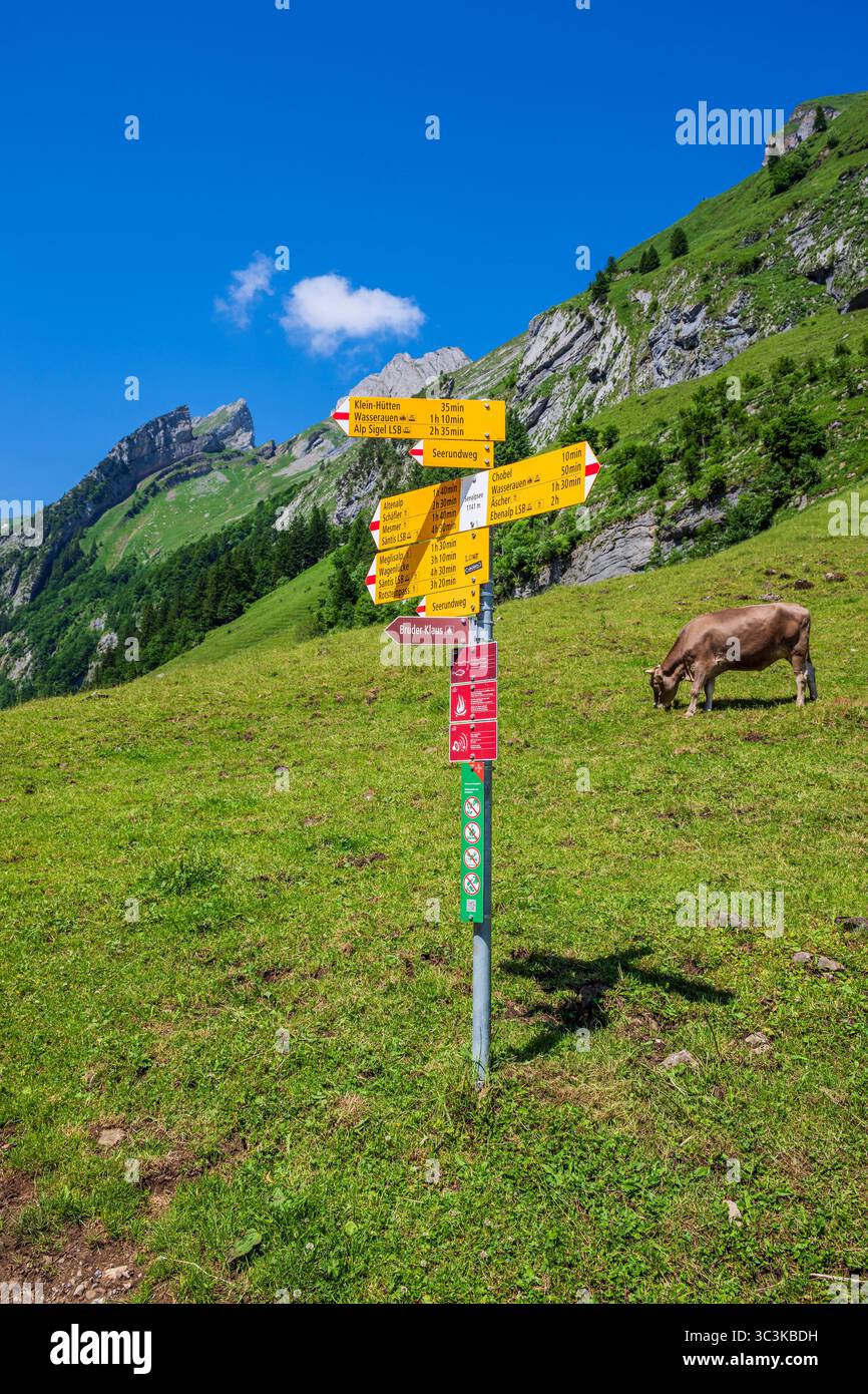Hiking trails signpost, Lake Seealpsee, Schwende, Canton of Appenzell ...