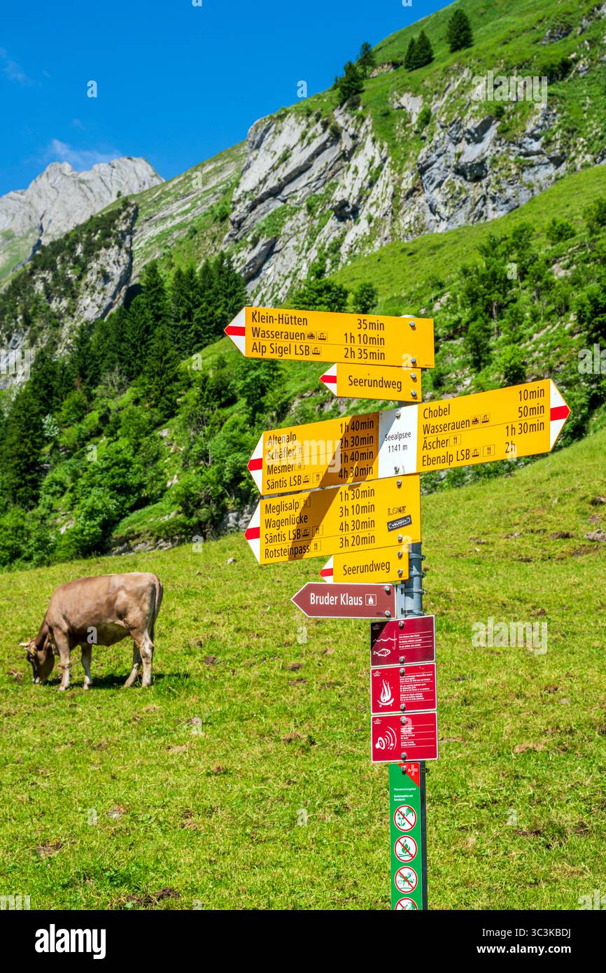 Hiking trails signpost, Lake Seealpsee, Schwende, Canton of Appenzell ...