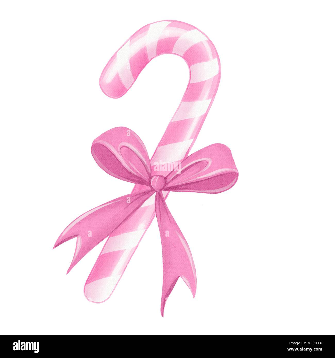 Watercolor illustration of a pink candy cane with a pink bow. Cute and ...