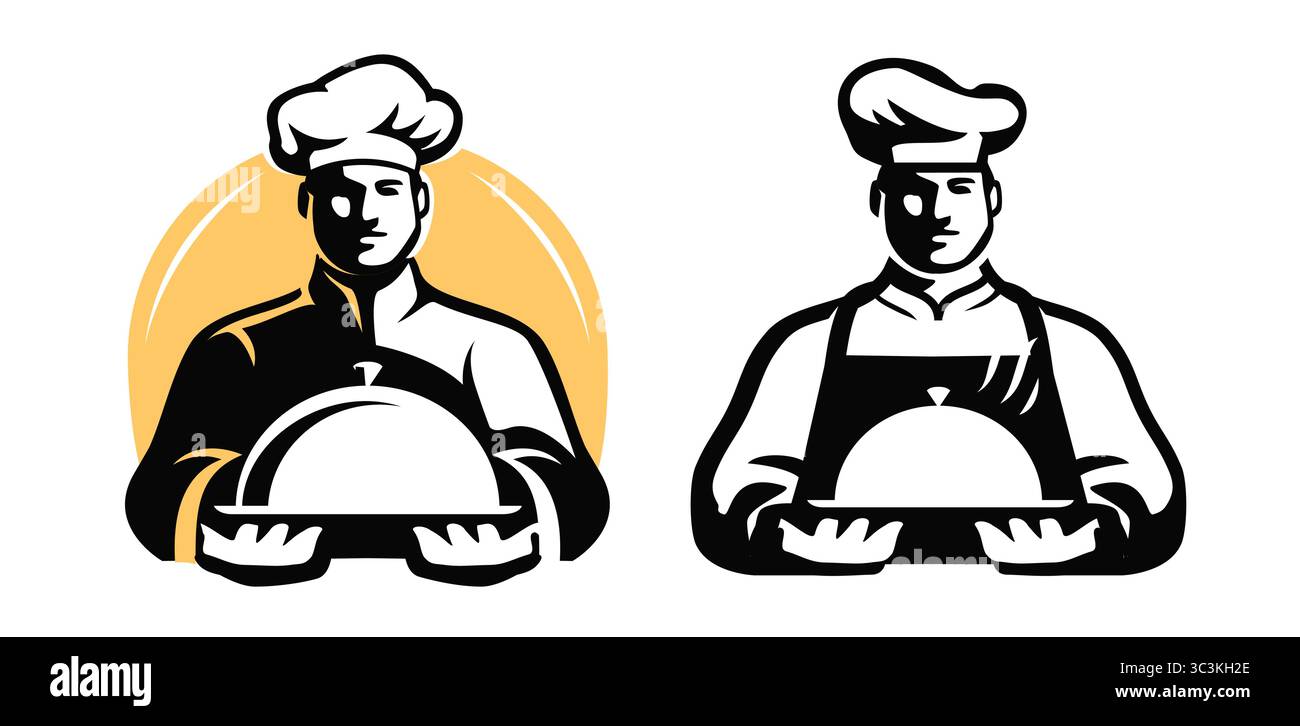 Male chef with tray. Food service emblem. Cook serving delicious food ...