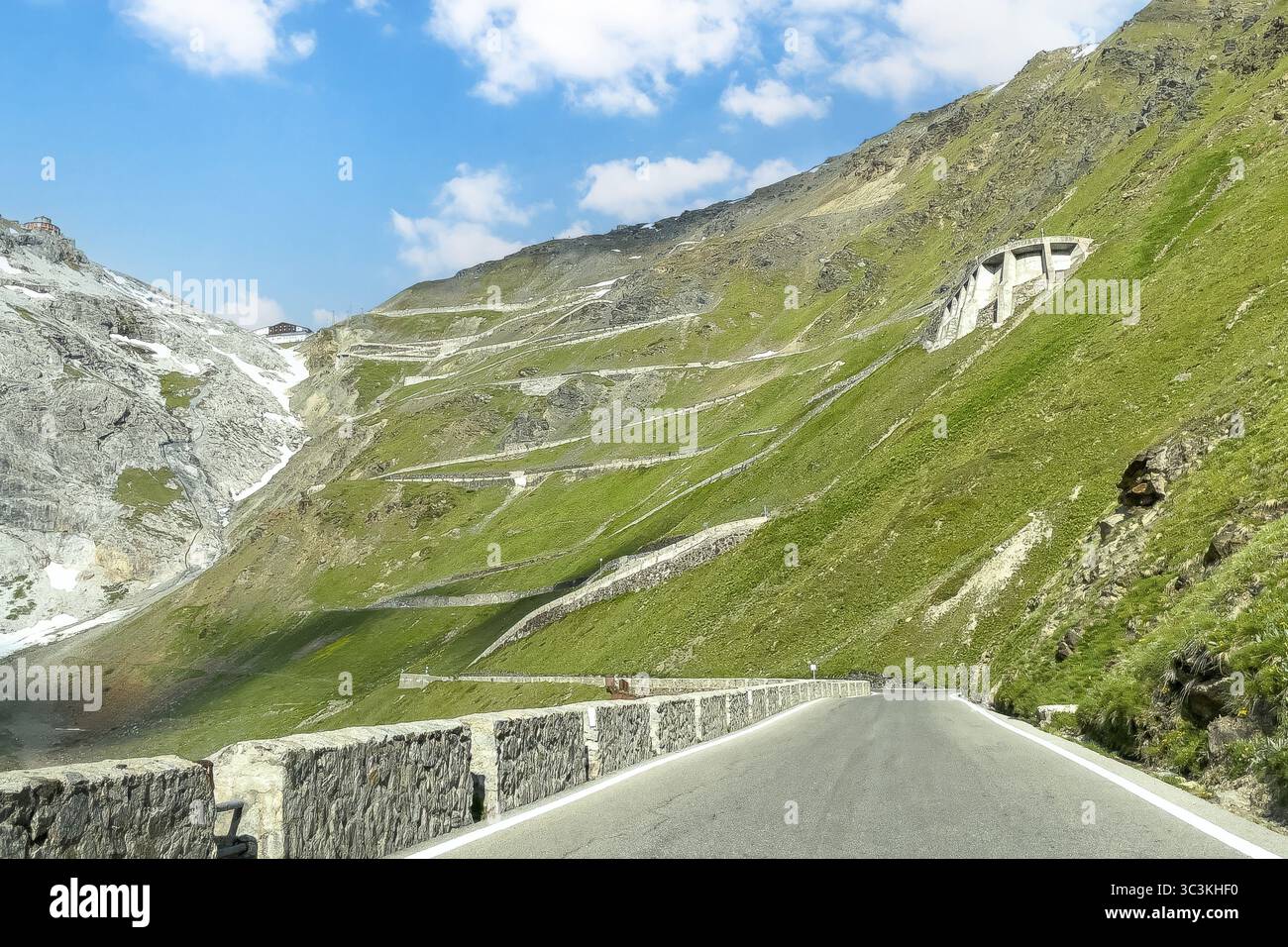View of east ramp ascent to descent from Alpine pass Stelvio ...