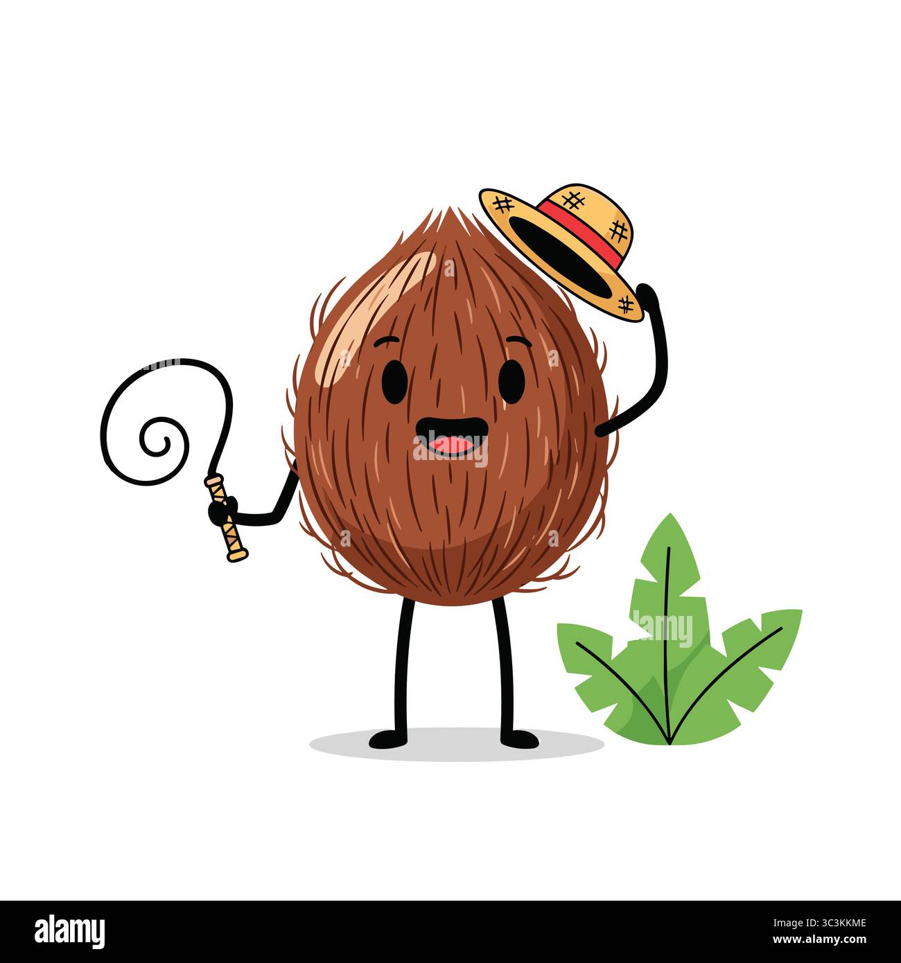 Adventurous coconut character with whip and straw hat ready for ...