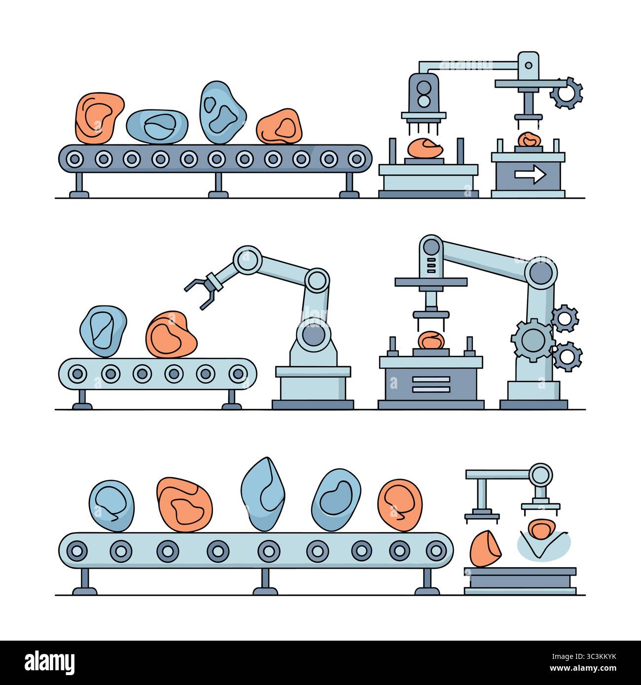 Automated industrial production line with robotic arms sorting and ...