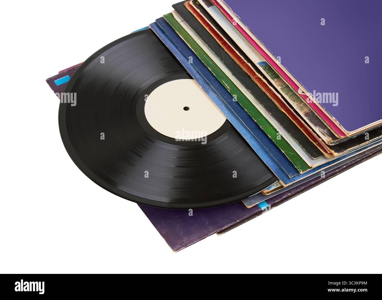 Vinyl record on a stack paper envelopes. Analog sound. Classic audio ...