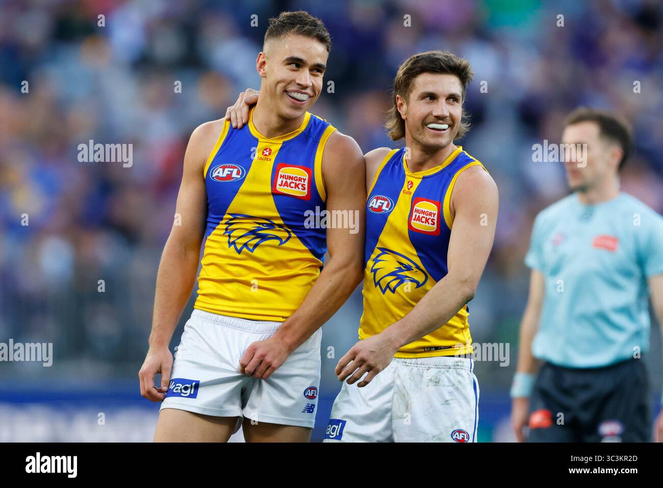 Elijah Hewett of the Eagles reacts after kicking a goal during the AFL ...