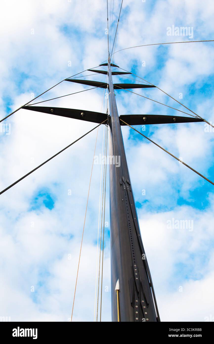 Masts of sailing yachts without sails with anchoring ropes. View from ...