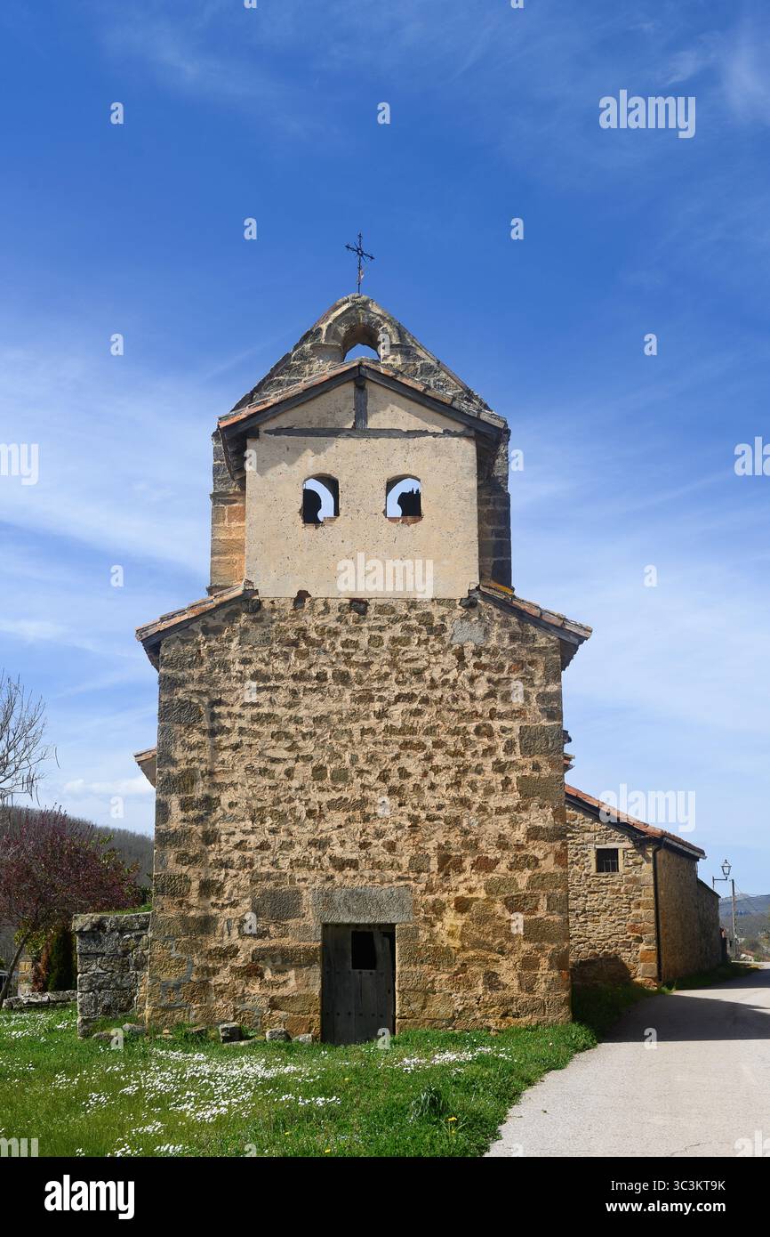 Romanesque San Roman Church built in stone with bell gable and simple ...