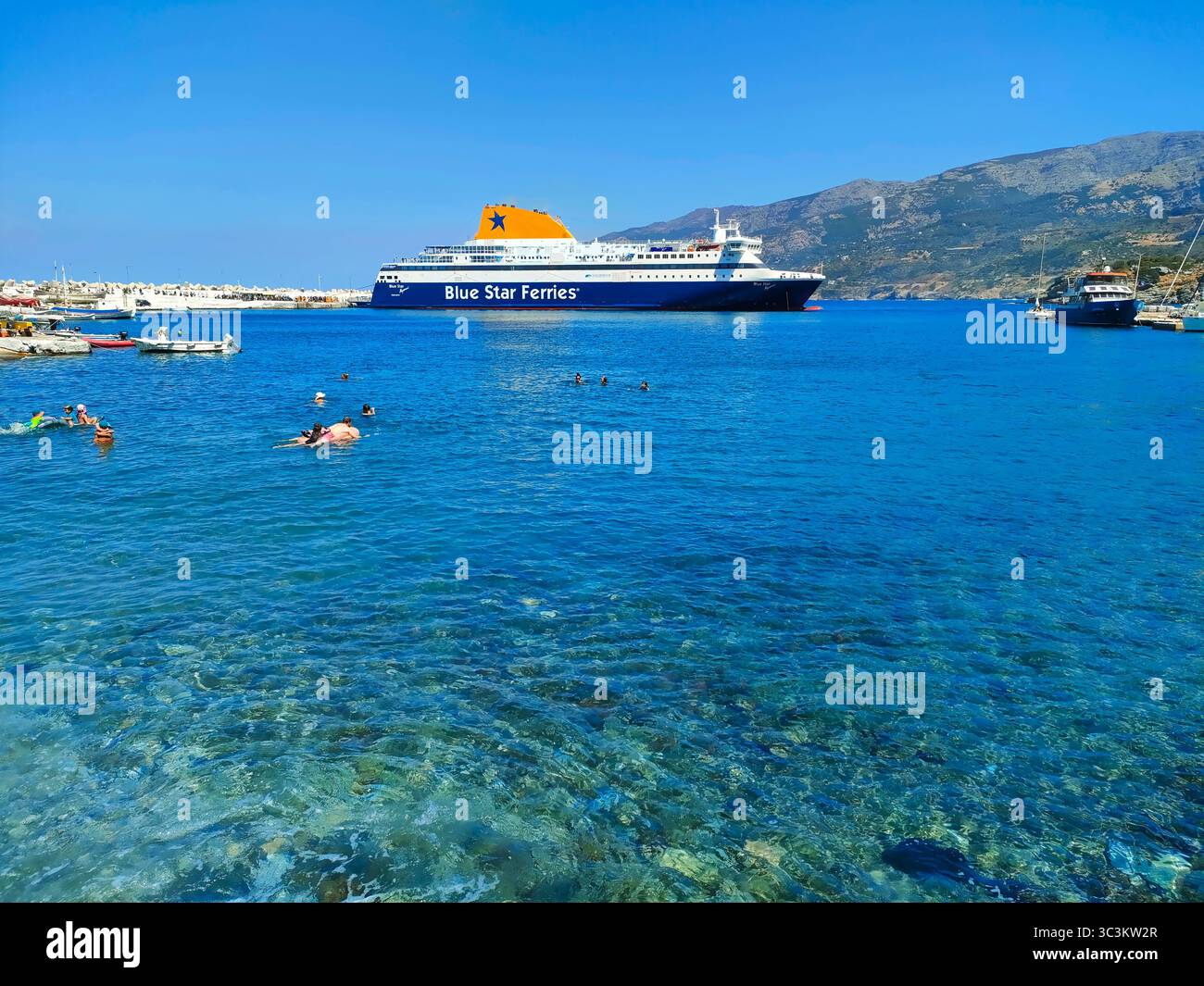 "Blue Star Ferries", Evdilos, Ikaria island, Greece Stock Photo - Alamy