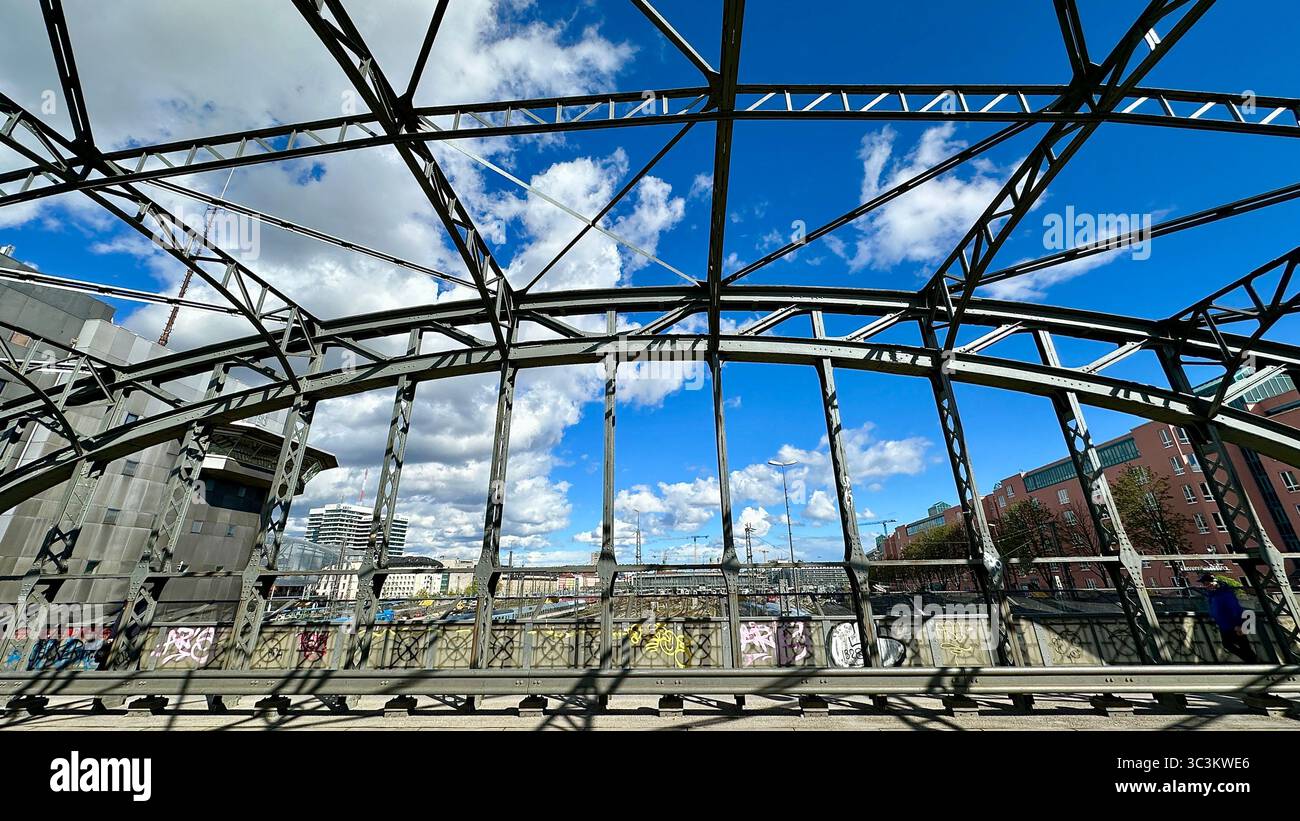 Intricate iron structure of Hackerbrücke in Munich, a road and ...