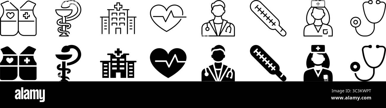 Healthcare professionals and medical symbols icon set. Linear and ...