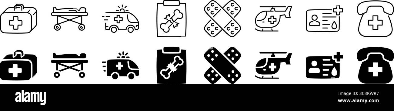 Emergency medical and first aid icon set. Linear and silhouette style ...