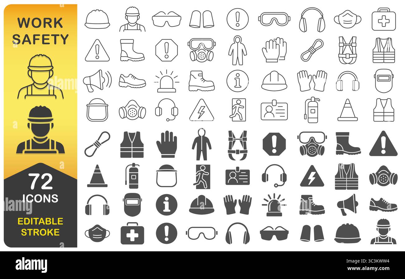 Work safety equipment editable line icons set. Safety icon symbol collection. Essential ...