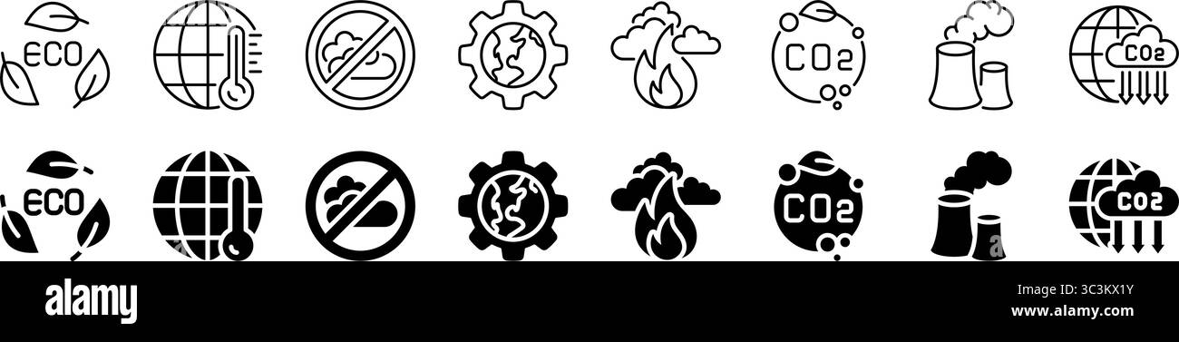 Climate change and CO2 emissions icon set. Linear and silhouette style ...