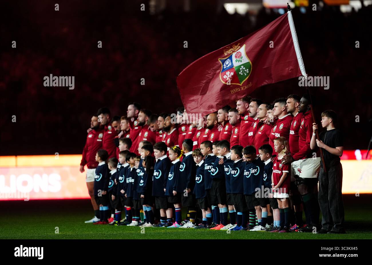 The British and Irish Lions team line up ahead of the Qatar Airways ...