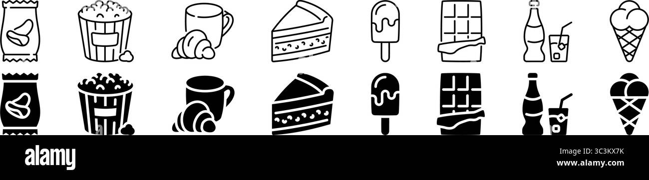 Snacks, desserts, and beverages icon set. Linear and silhouette style ...