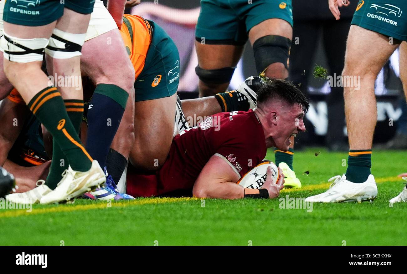 Dan Sheehan of the British and Irish Lions scores a try during the ...
