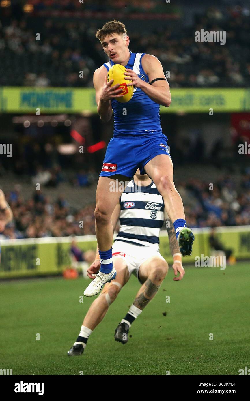 Riley Hardeman of the Kangaroos takes a mark during the AFL Round 20 ...