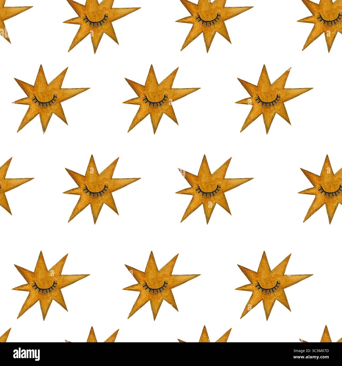 Seamless watercolor pattern of sleepy yellow stars on a white ...