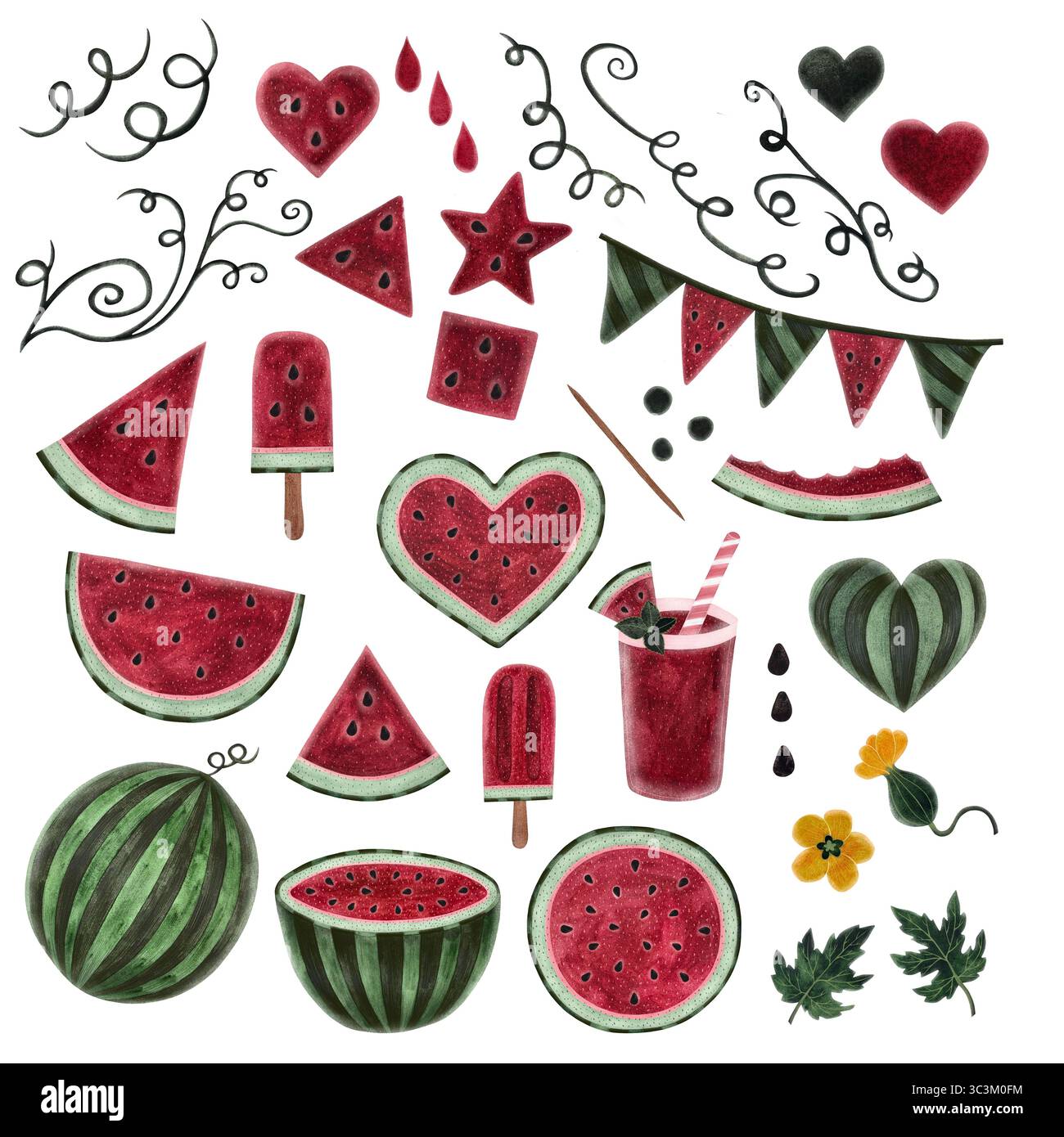 A watercolor collection of watermelon-themed elements including various ...