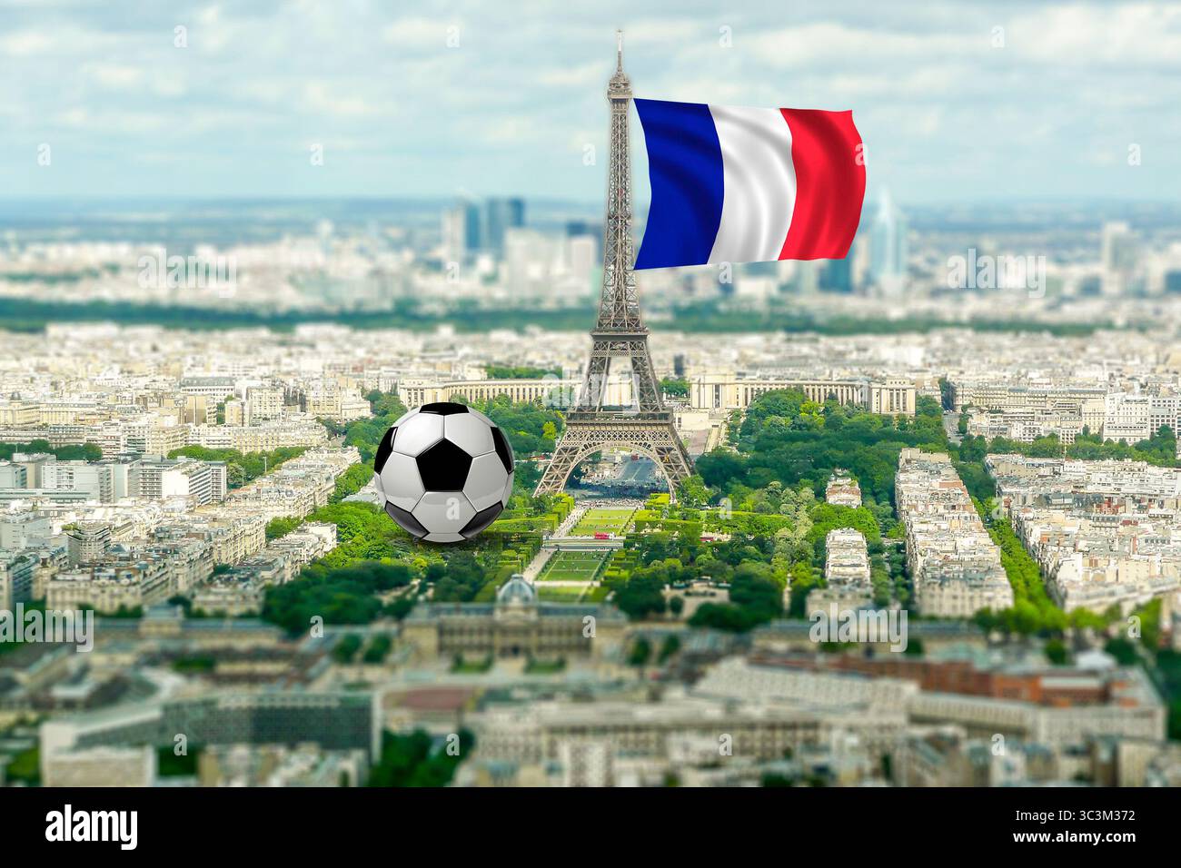 Eiffel Tower, Paris. Composition with soccer ball and french flag. Tilt ...