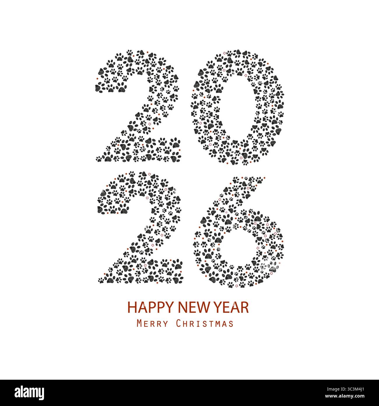 2026 black and white text with black paw doodle paw prints and stars ...