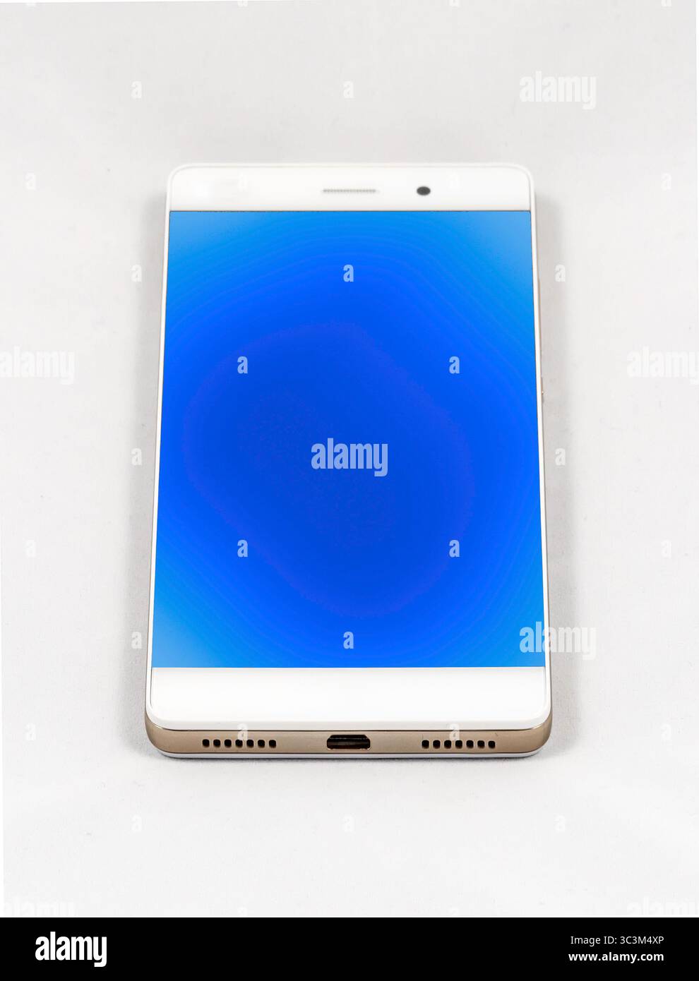 Modern smartphone with blank blue screen, lies on the surface, isolated ...