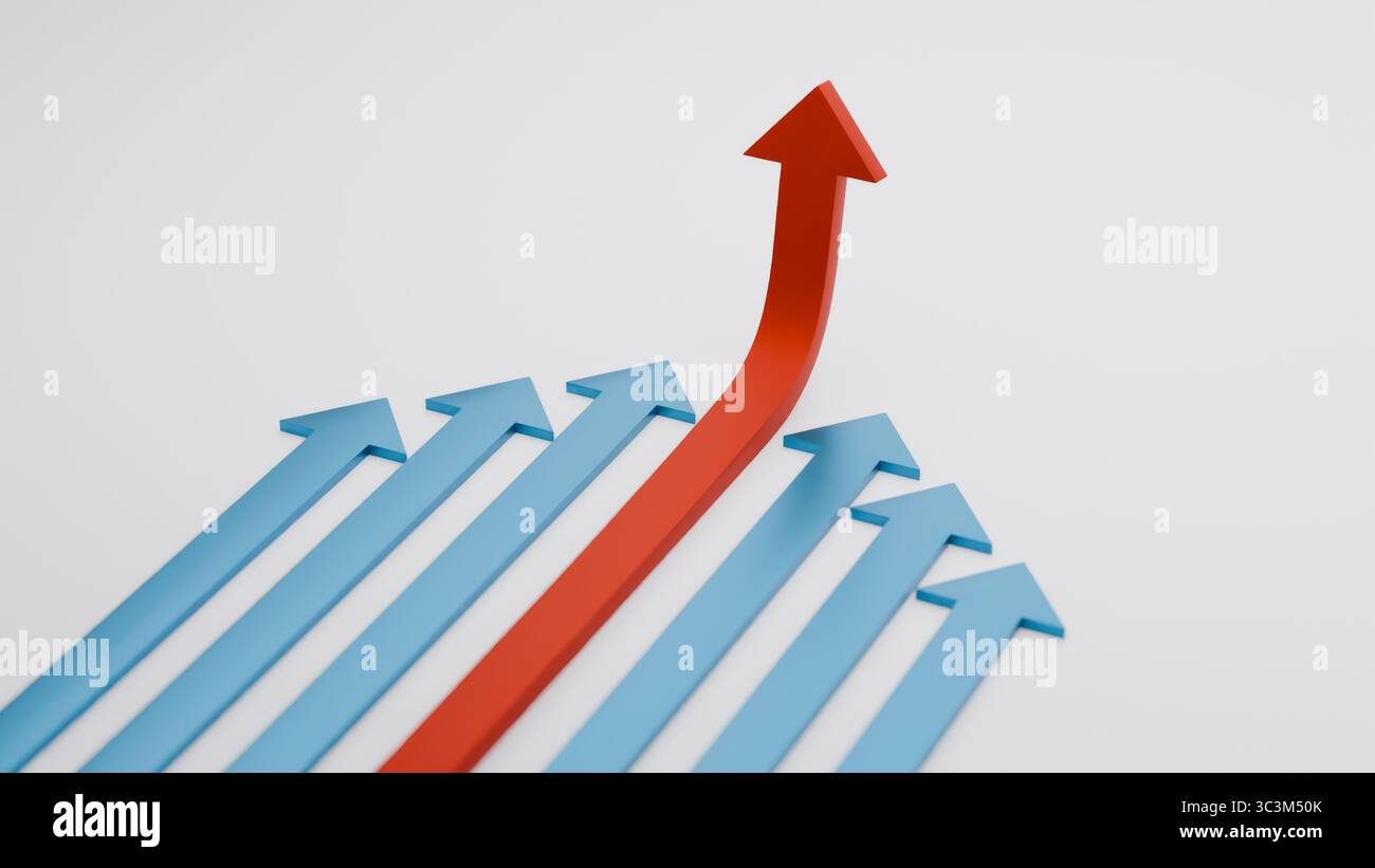 3D illustration of a bold red arrow curving upward and moving ahead ...