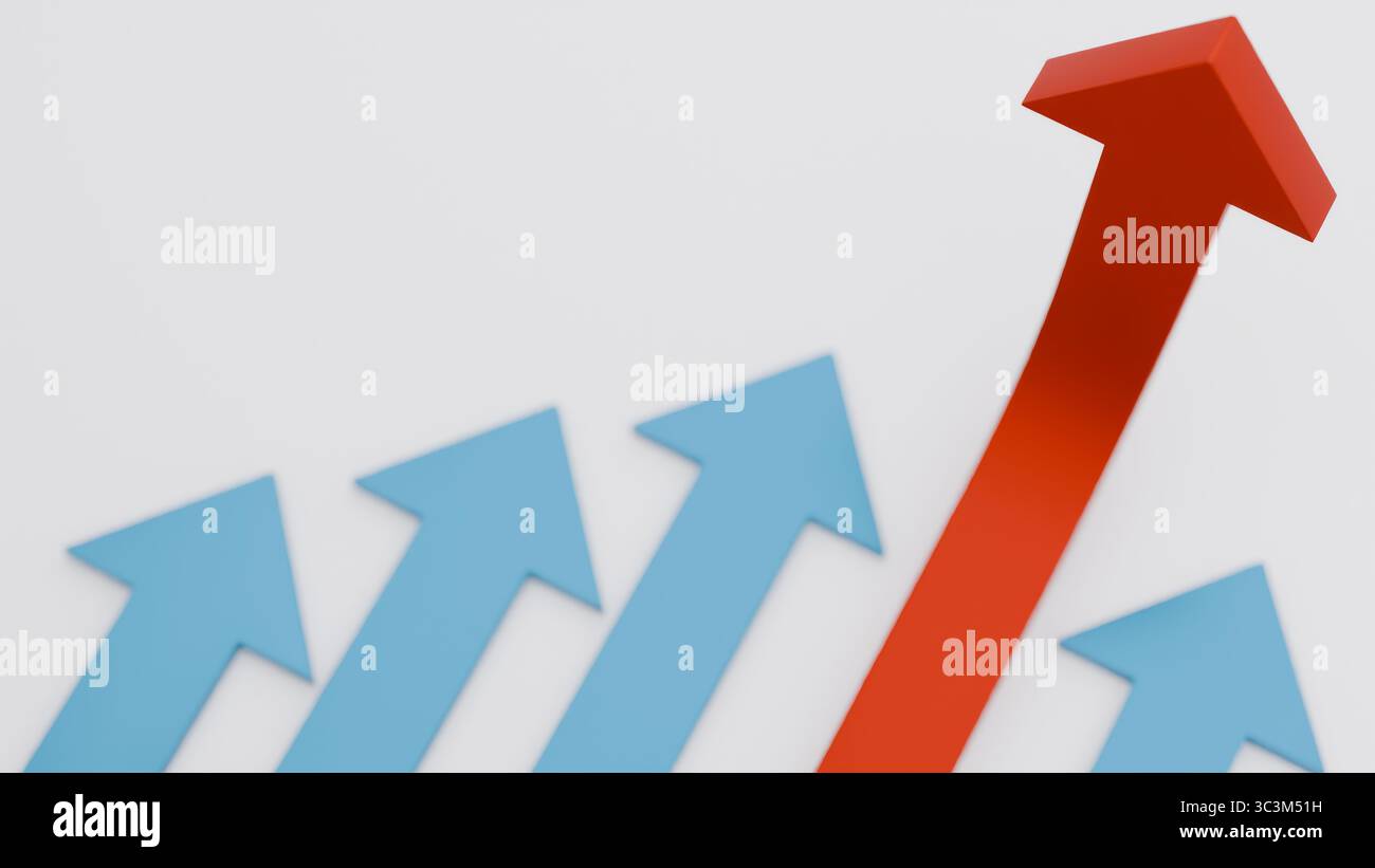 3D illustration of a bold red arrow curving upward and moving ahead ...