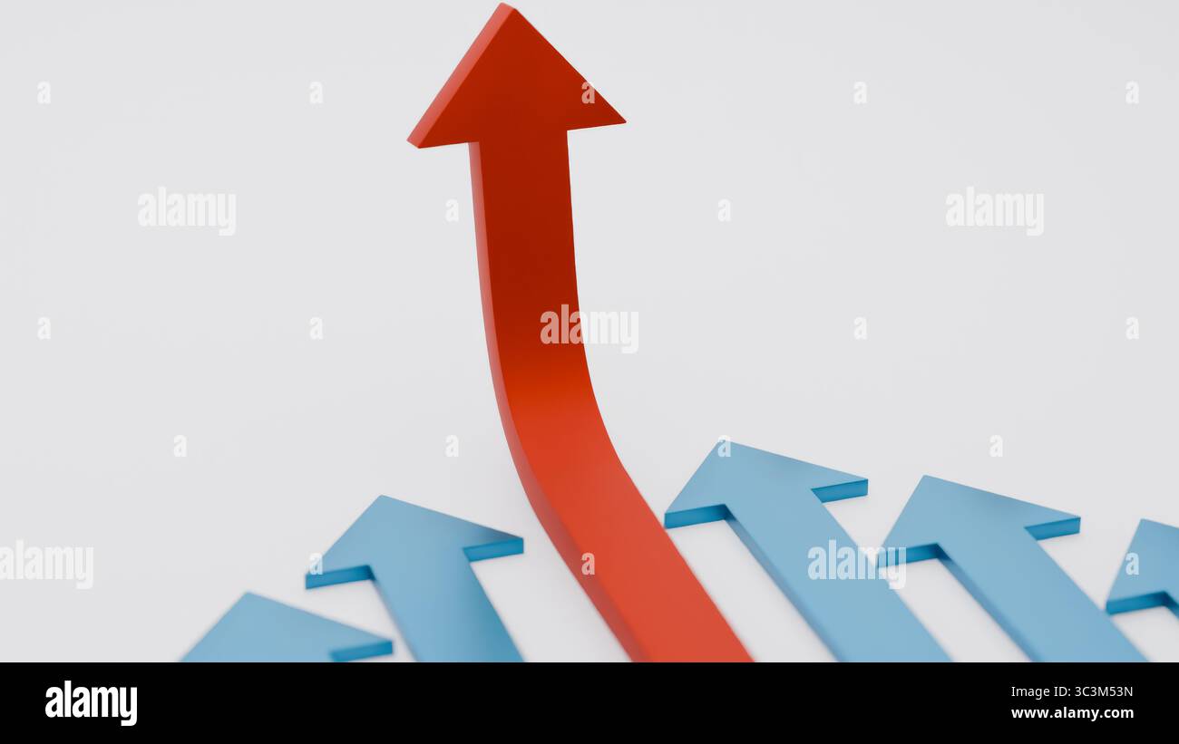 3D illustration of a bold red arrow curving upward and moving ahead ...