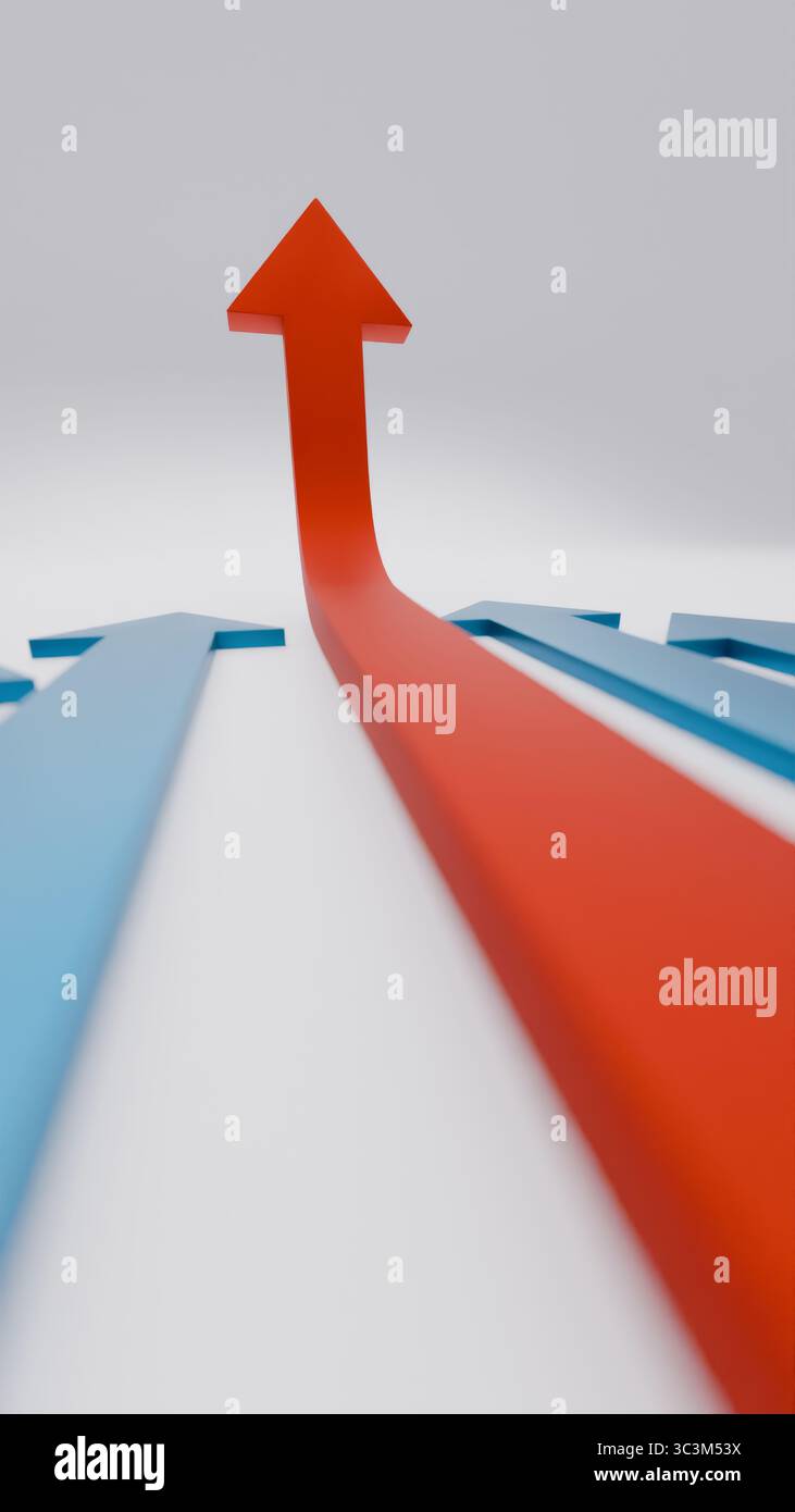 3D illustration of a bold red arrow curving upward and moving ahead ...