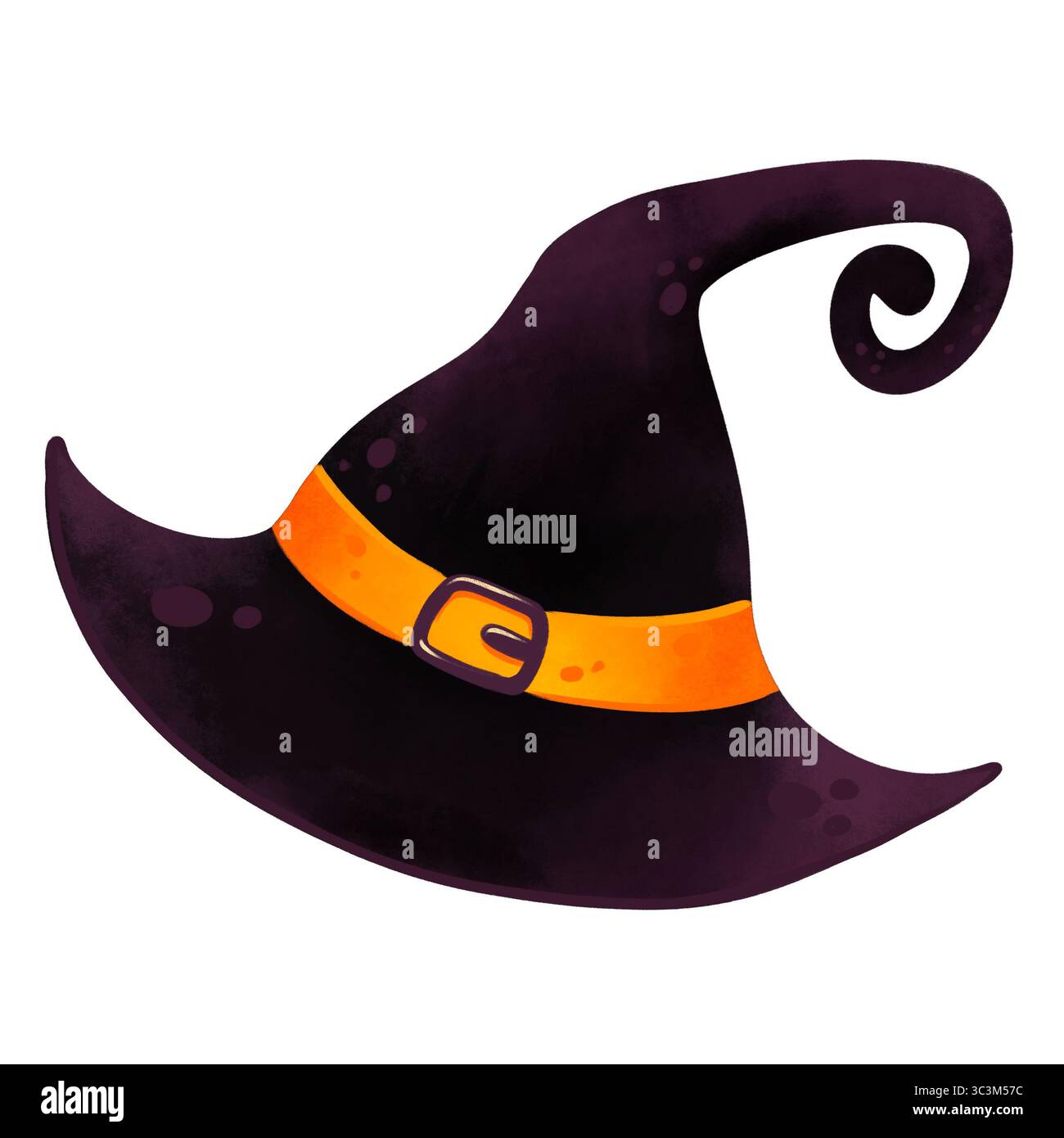 A whimsical witch hat with an orange ribbon and buckle. The curved and ...