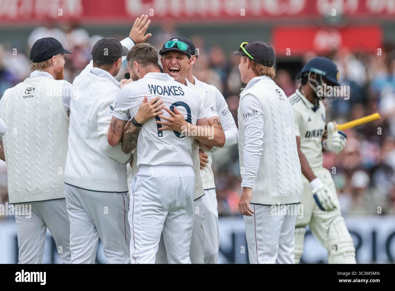 Chris Woakes of England celebrates the wicket of Sai Sudharsan during ...