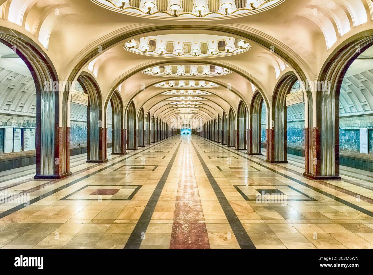 Mayakovskaya subway station in Moscow, Russia. A fine example of ...