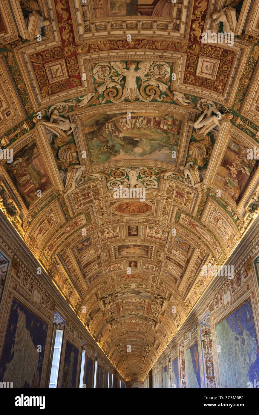 Ornate ceiling of the Gallery of Maps in the Vatican Museums, a ...