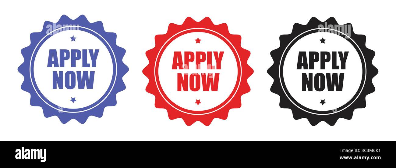 Apply Now Vector Badge Set in Red Blue and Black Colors for Promotions ...